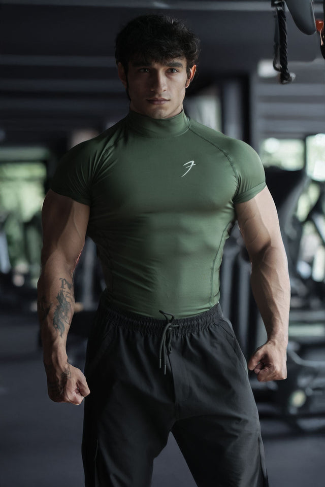 Buy Fuaark High Neck Compression T-shirt Olive | Compression Fit ...